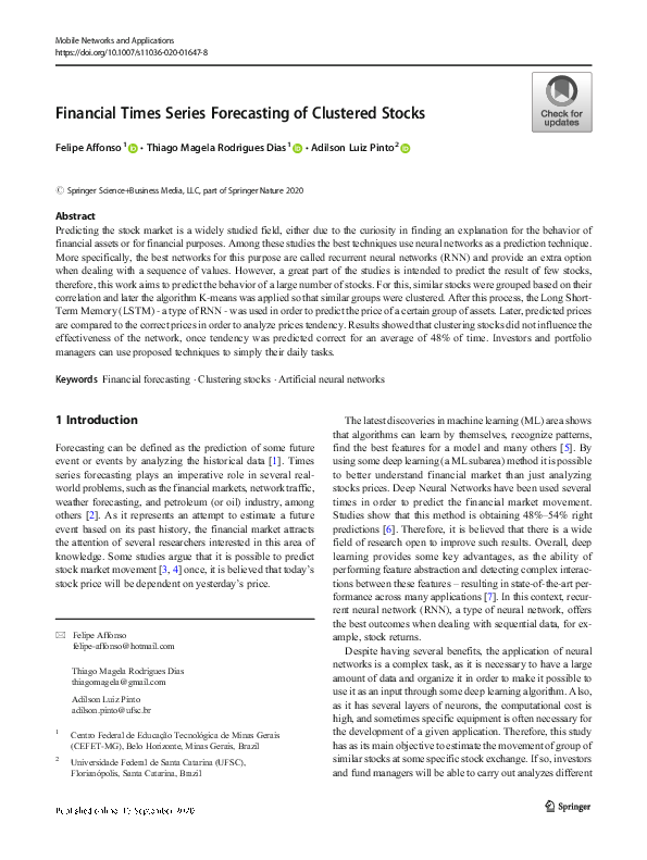 Pdf Financial Times Series Forecasting Of Clustered Stocks