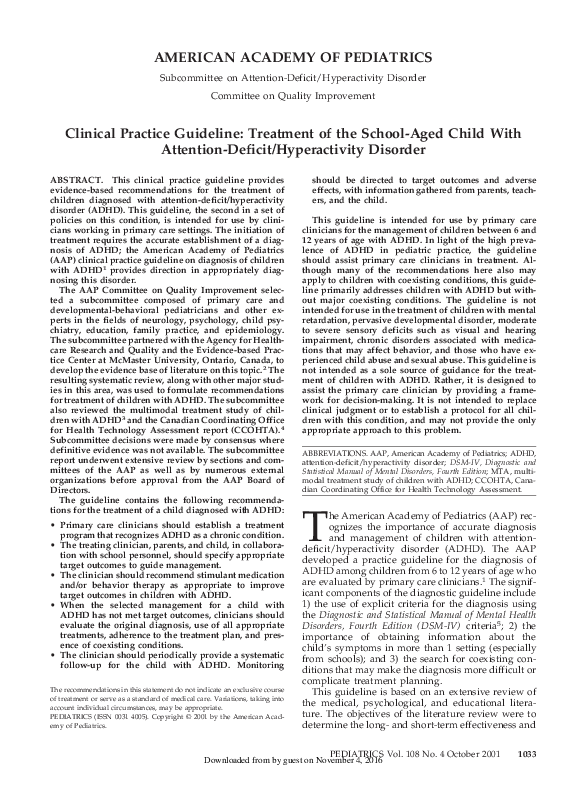 (PDF) Clinical Practice Guideline: Treatment of the School-Aged Child With Attention-Deficit ...