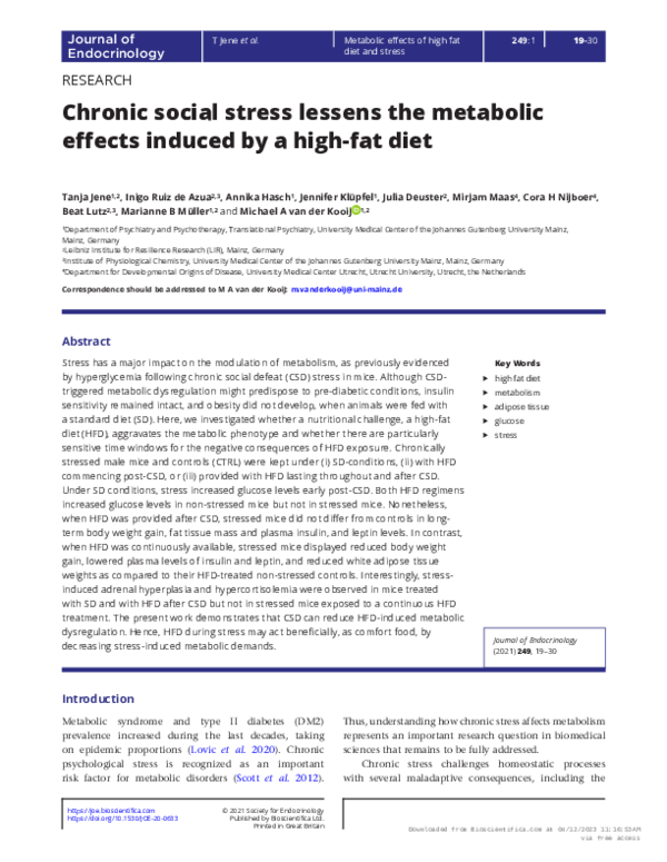 (PDF) Chronic social stress lessens the metabolic effects induced by a ...