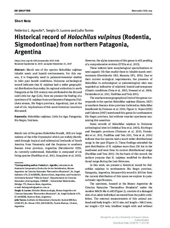 (PDF) Historical record of Holochilus vulpinus (Rodentia, Sigmodontinae ...