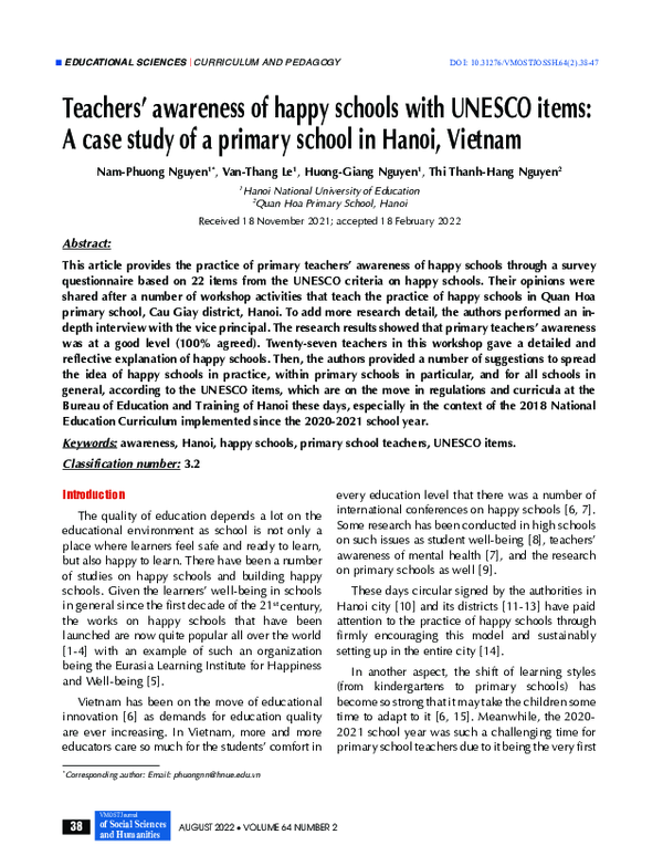 (PDF) Teachers’ awareness of happy schools with UNESCO items: a case study of a primary school ...