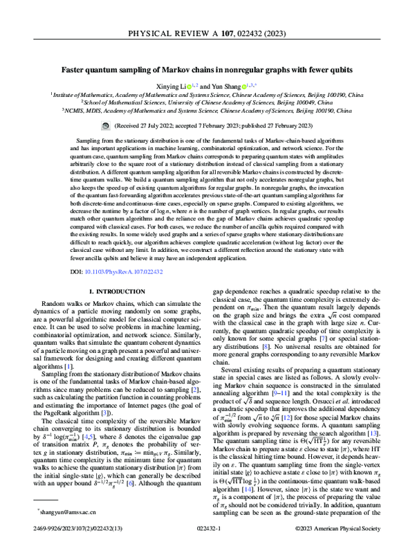 Pdf Faster Quantum Sampling Of Markov Chains In Nonregular Graphs With Fewer Qubits