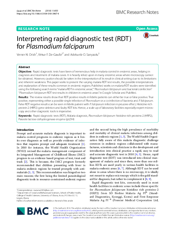 (PDF) Interpreting rapid diagnostic test (RDT) for Plasmodium falciparum