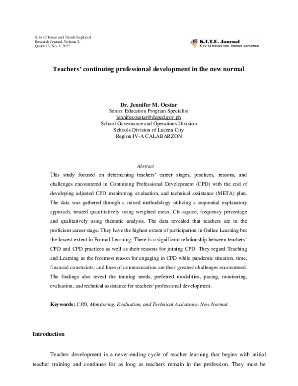 (PDF) Teachers' Continuing Professional Development in the New Normal
