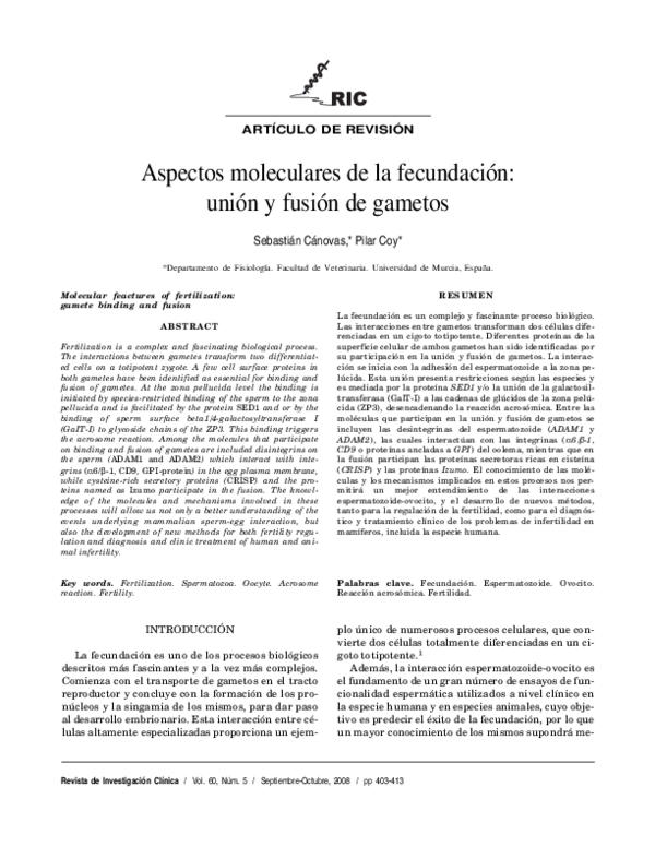 (PDF) Aspectos moleculares de la fecundación: Unión y fusión de gametos ...