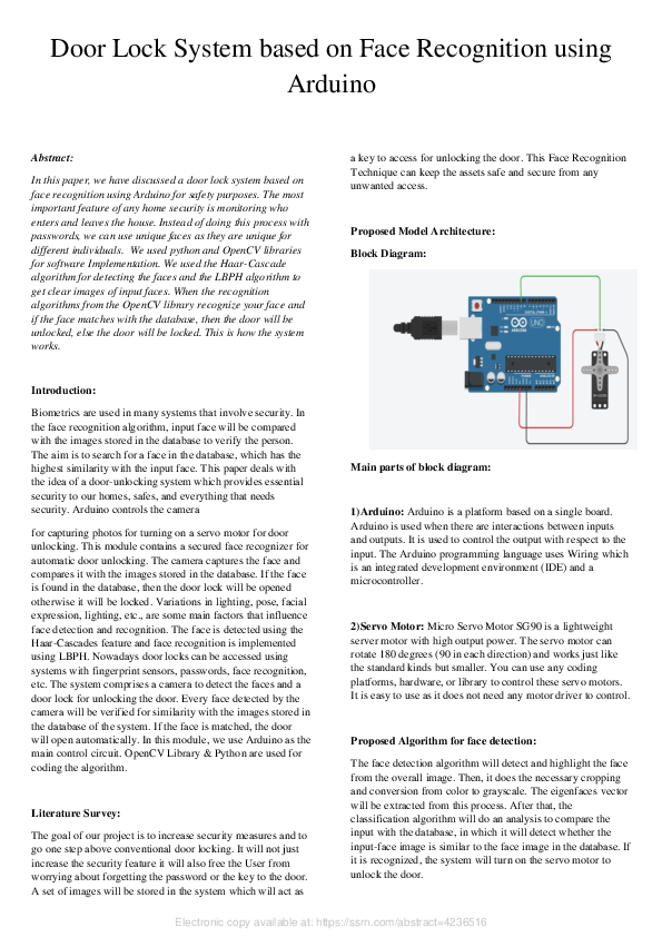 Pdf Door Lock System Based On Face Recognition Using Arduino
