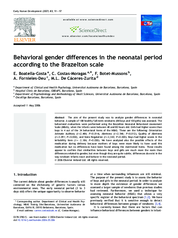 (PDF) Behavioral gender differences in the neonatal period according to ...