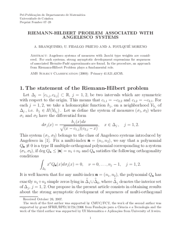 (PDF) Riemann–Hilbert problem associated with Angelesco systems | Ana Foulquie Moreno - Academia.edu