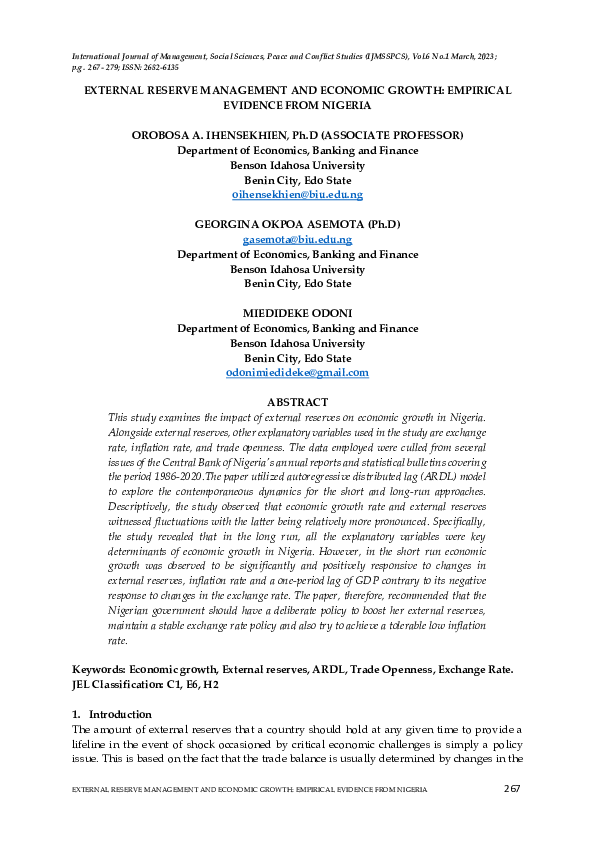 (PDF) EXTERNAL RESERVE MANAGEMENT AND ECONOMIC GROWTH: EMPIRICAL EVIDENCE FROM NIGERIA
