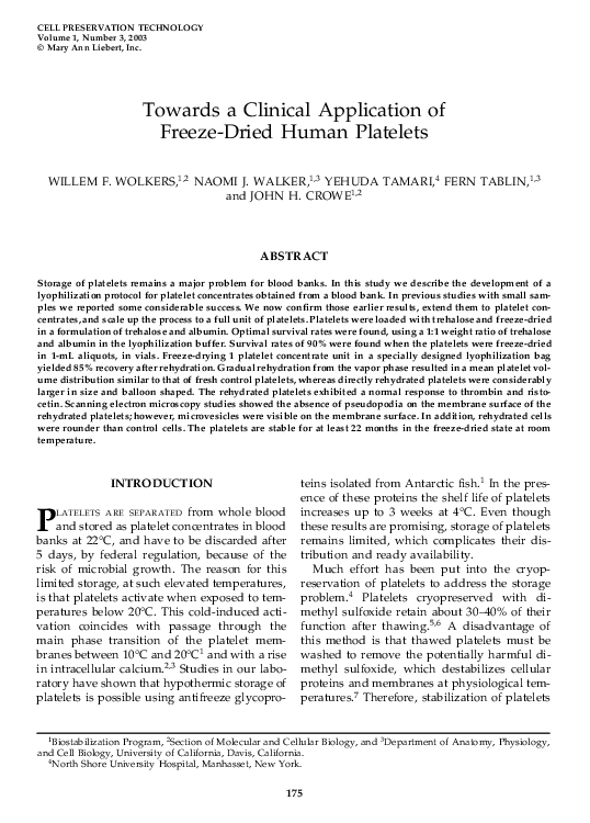 (PDF) Towards a Clinical Application of Freeze-Dried Human Platelets