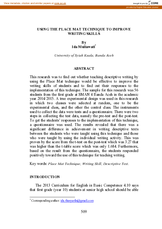 (PDF) Using the Place Mat Technique to improve writing skills