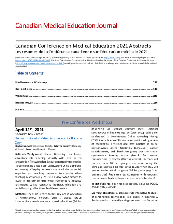 (PDF) Canadian Conference on Medical Education 2021 Abstracts