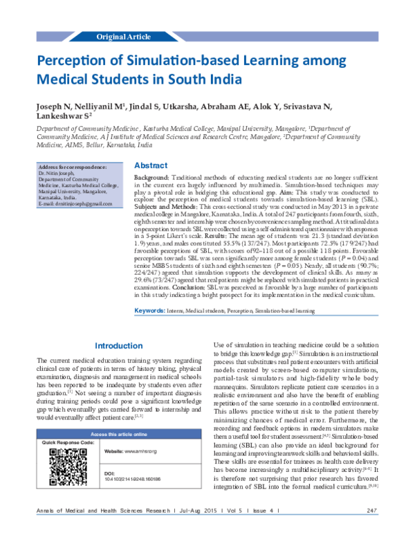 (PDF) Perception of simulation based learning among medical students in South India | Yash Alok ...