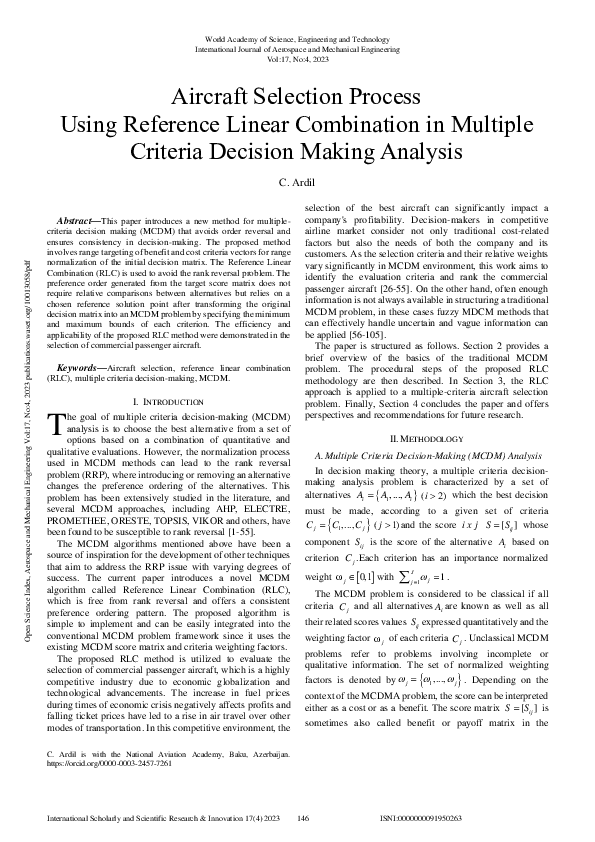 Pdf Aircraft Selection Process Using Reference Linear Combination In Multiple Criteria