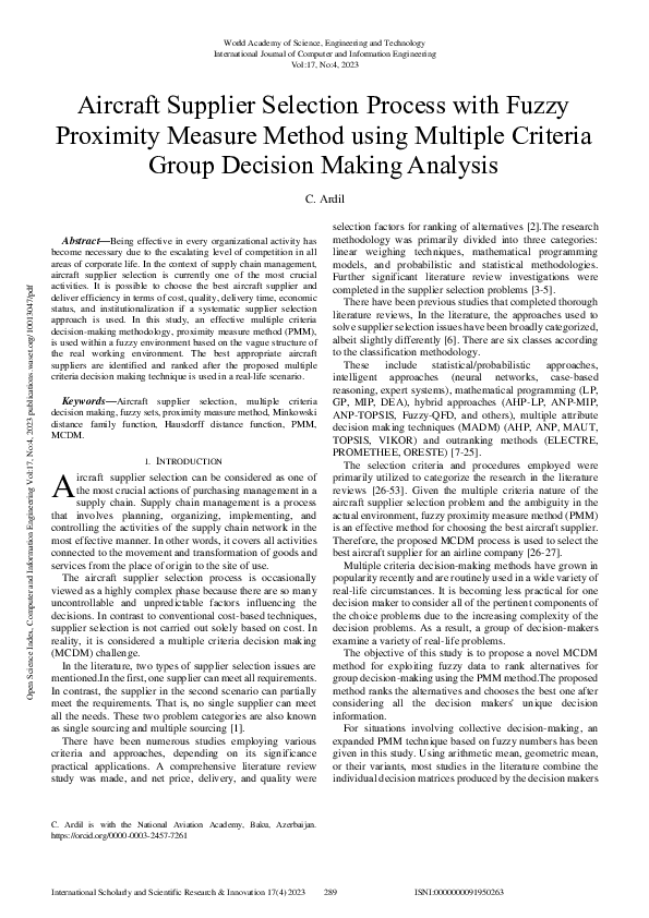 Pdf Aircraft Supplier Selection Process With Fuzzy Proximity Measure Method Using Multiple 