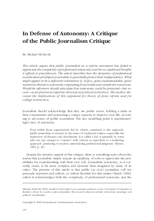 (PDF) In Defense of Autonomy: A Critique of the Public Journalism Critique