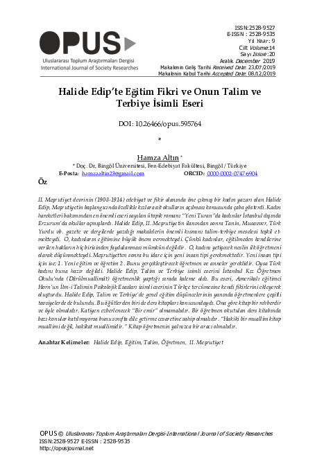 (PDF) Halide Edip’te Eğitim Fikri ve Onun Talim ve Terbiye İsimli Eseri