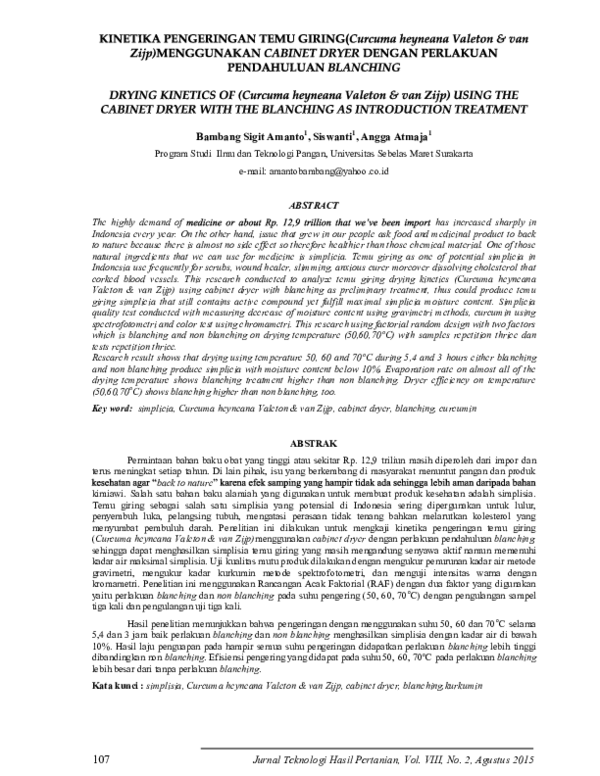 (PDF) KINETIKA PENGERINGAN TEMU GIRING(Curcuma heyneana Valeton van ...