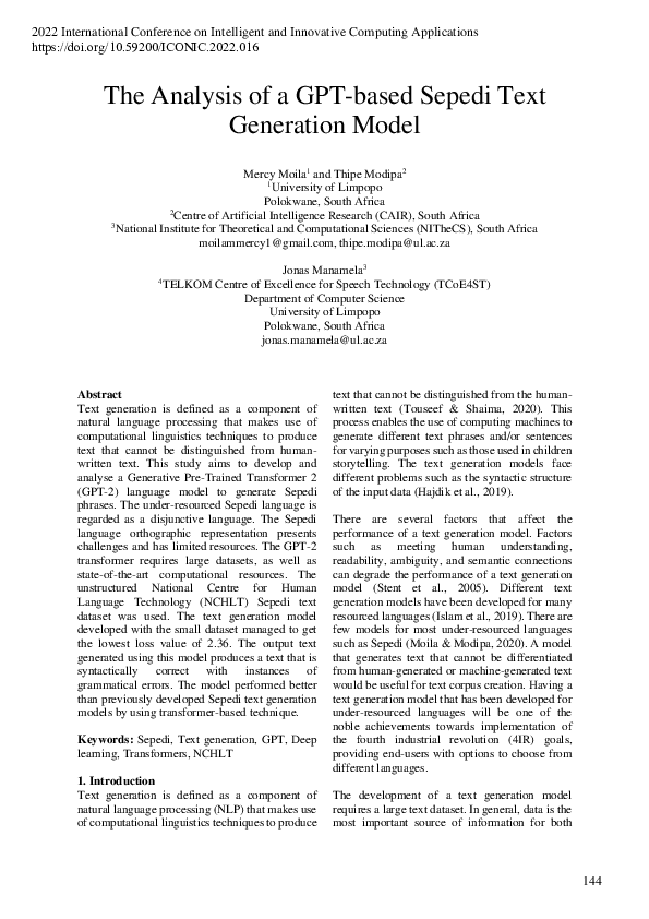 (PDF) The Analysis of a GPT-based Sepedi Text Generation Model