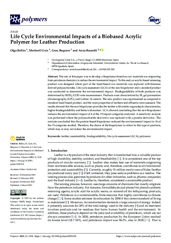 (PDF) Life Cycle Environmental Impacts of a Biobased Acrylic Polymer ...