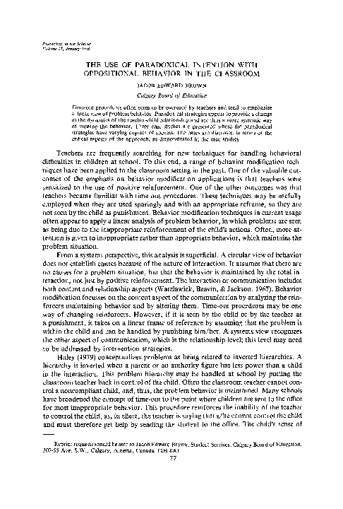 (PDF) The use of paradoxical intention with oppositional behavior in the classroom