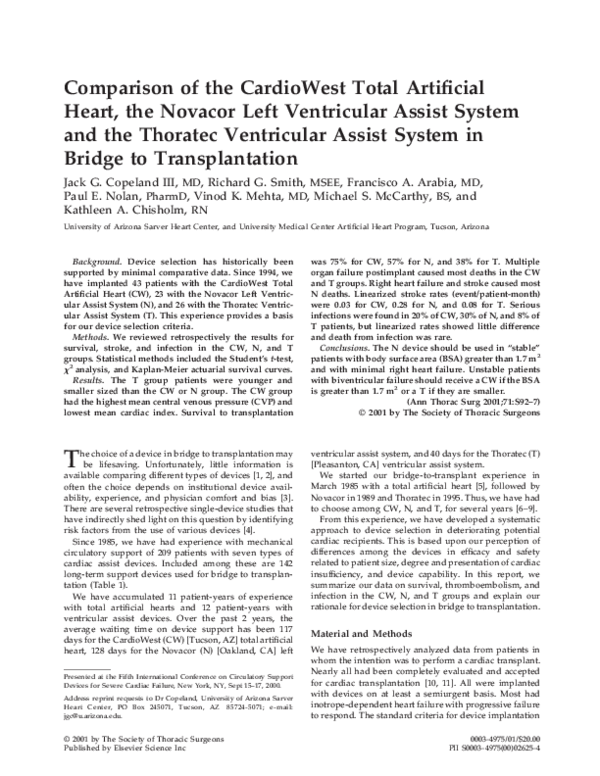 (PDF) Comparison of the CardioWest Total Artificial Heart, the Novacor Left Ventricular Assist ...