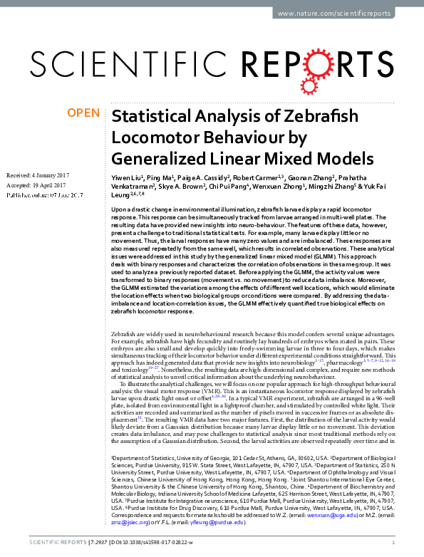 (PDF) Statistical Analysis of Zebrafish Locomotor Behaviour by ...