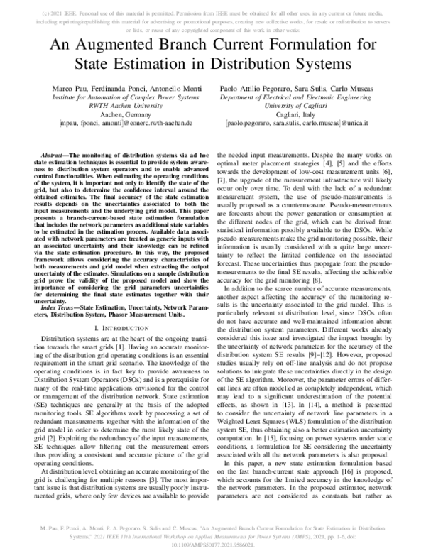 Pdf An Augmented Branch Current Formulation For State Estimation In Distribution Systems