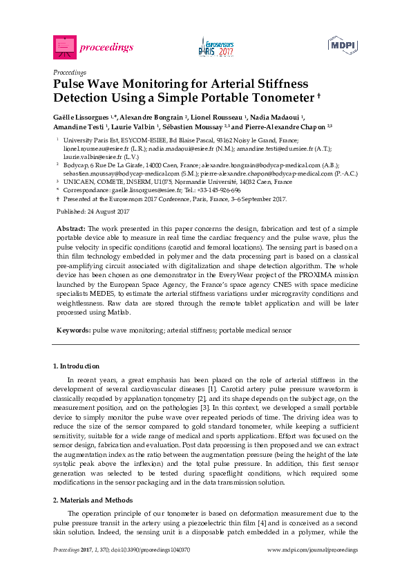 (PDF) Pulse Wave Monitoring for Arterial Stiffness Detection Using a ...