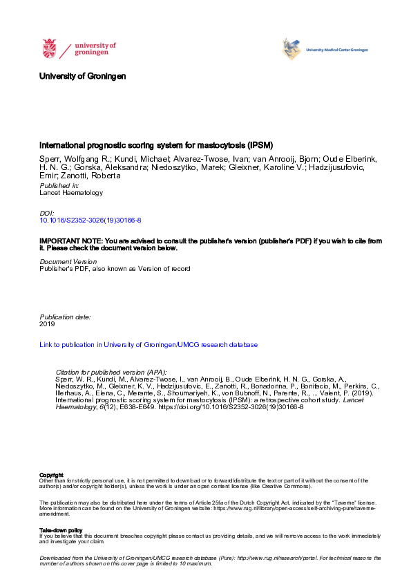 (PDF) International prognostic scoring system for mastocytosis (IPSM): a retrospective cohort study