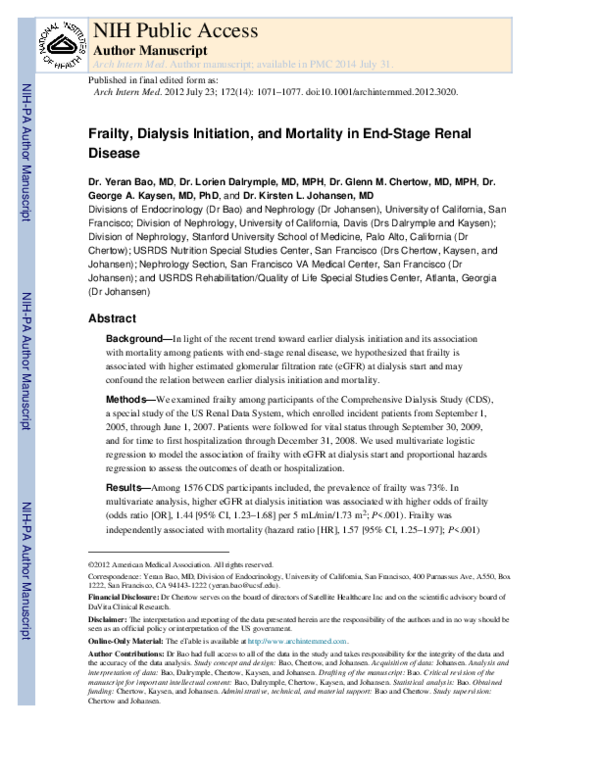 (PDF) Frailty, Dialysis Initiation, and Mortality in End-Stage Renal ...