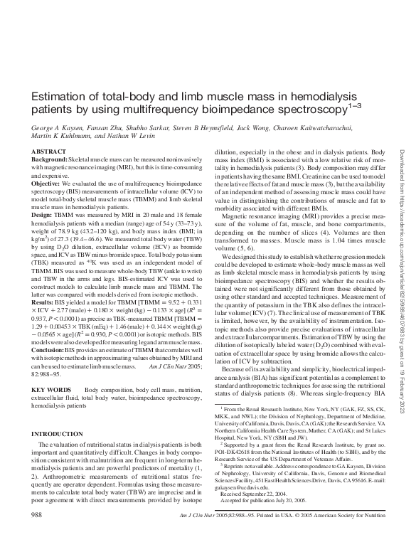(PDF) Estimation of total-body and limb muscle mass in hemodialysis ...