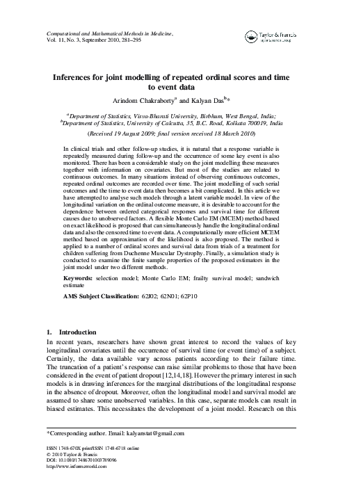 Pdf Inferences For Joint Modelling Of Repeated Ordinal Scores And Time To Event Data Kalyan