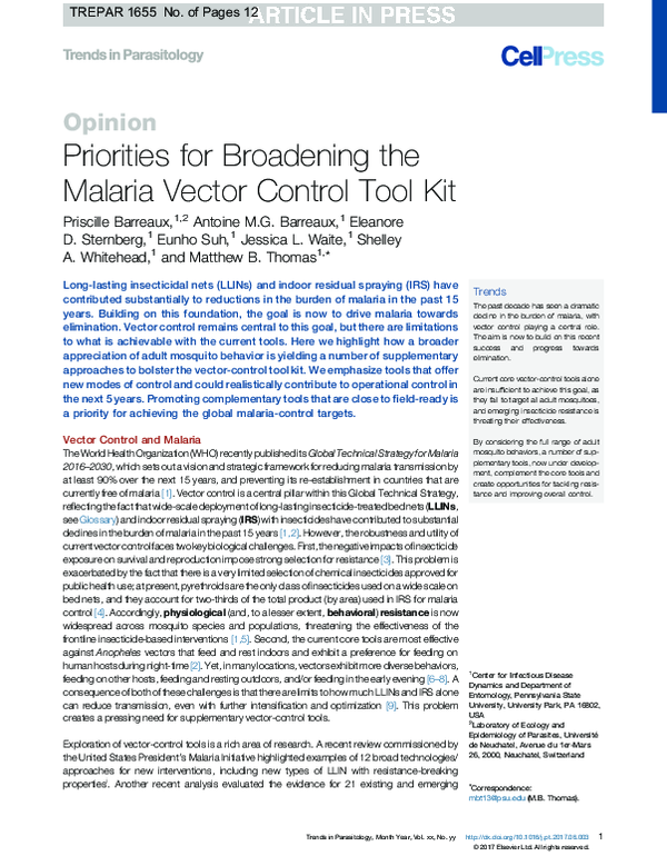 (PDF) Priorities for Broadening the Malaria Vector Control Tool Kit