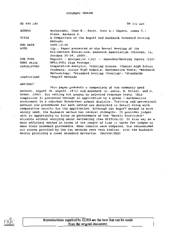 (PDF) A Comparison of Angoff and Bookmark Standard Setting Methods