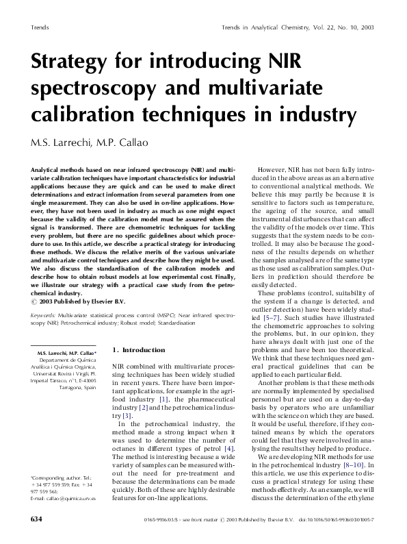 (PDF) Strategy for introducing NIR spectroscopy and multivariate calibration techniques in industry