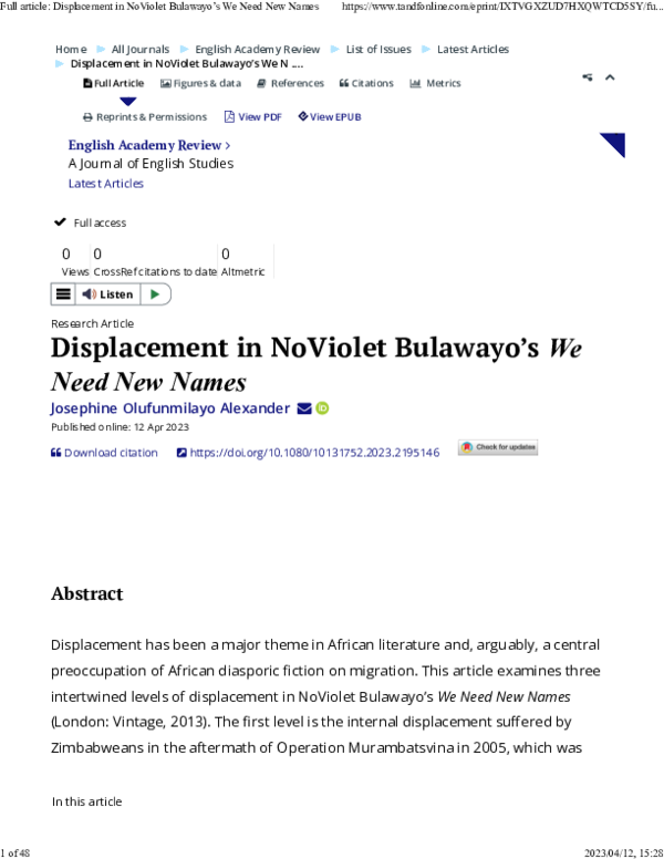 (PDF) Displacement in NoViolet Bulawayo We Need New Names