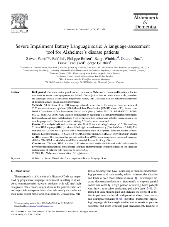 (PDF) Severe Impairment Battery Language scale: A language‐assessment tool for Alzheimer's ...