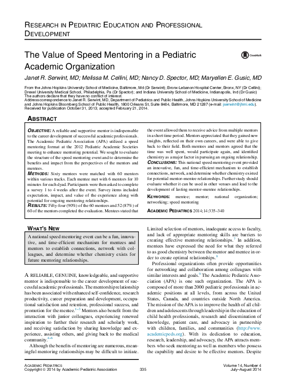 (PDF) The Value of Speed Mentoring in a Pediatric Academic Organization