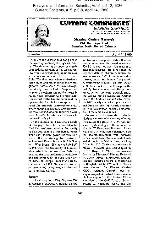 (PDF) Mapping Cholera Research and the Impact of Shambu Nath De of Calcutta