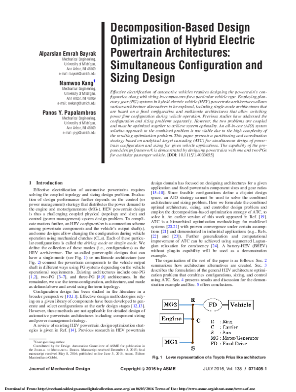 Pdf Decomposition Based Design Optimization Of Hybrid Electric Powertrain Architectures