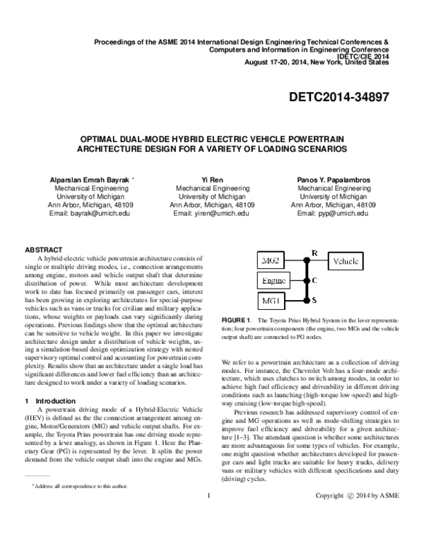 Pdf Optimal Dual Mode Hybrid Electric Vehicle Powertrain Architecture Design For A Variety Of