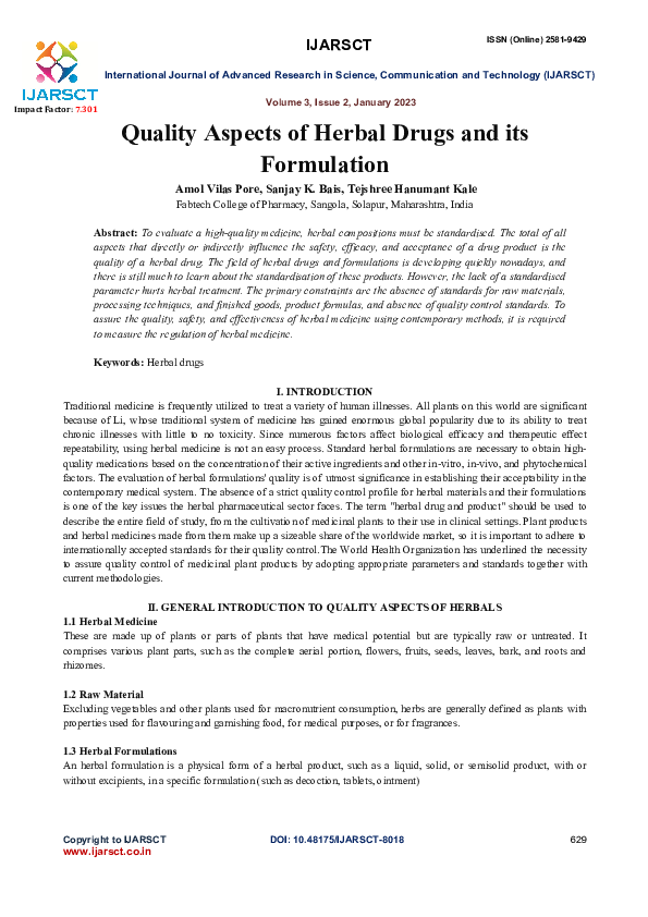 (PDF) Quality Aspects of Herbal Drugs and its Formulation