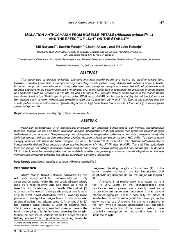 (PDF) ISOLATION ANTHOCYANIN FROM ROSELLE PETALS (Hibiscus sabdariffa L) AND THE EFFECT OF LIGHT ...
