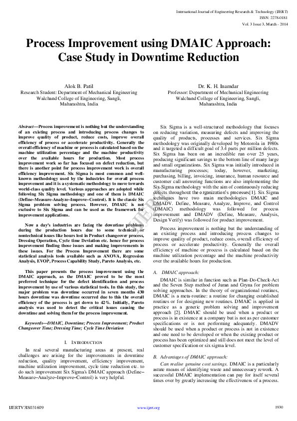(PDF) Process Improvement using DMAIC Approach: Case Study in Downtime Reduction