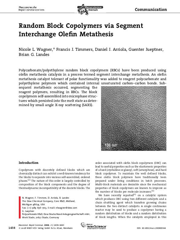 (PDF) Random Block Copolymers via Segment Interchange Olefin Metathesis