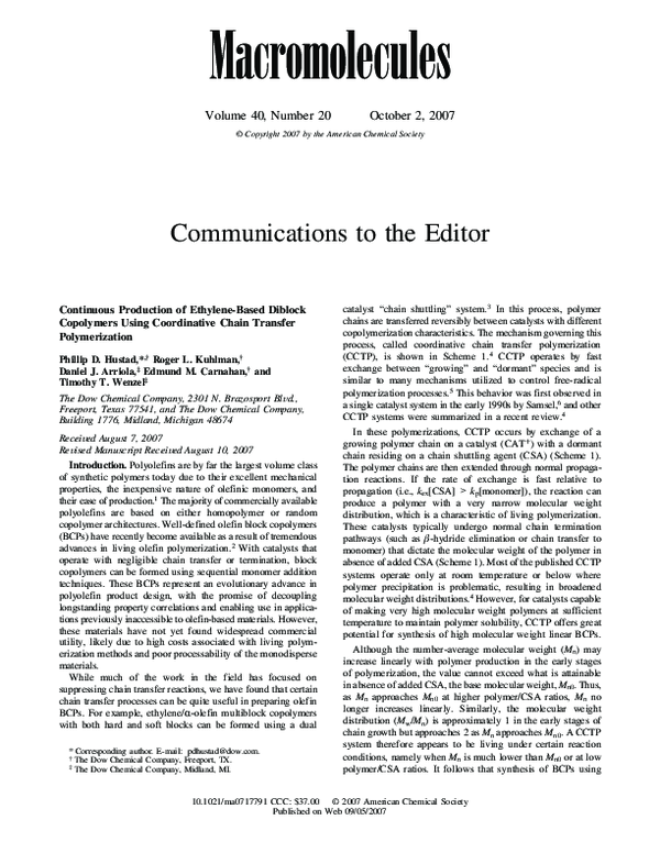 Pdf Continuous Production Of Ethylene Based Diblock Copolymers Using Coordinative Chain