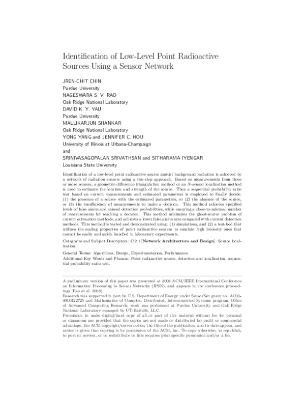 Pdf Identification Of Low Level Point Radioactive Sources Using A Sensor Network