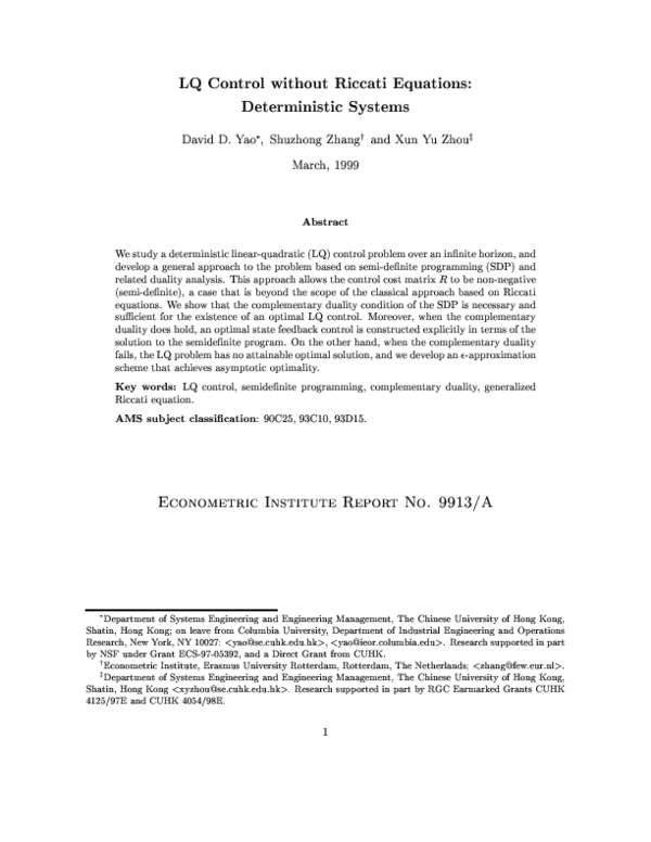 (PDF) LQ Control without Riccati Equations: Deterministic Systems