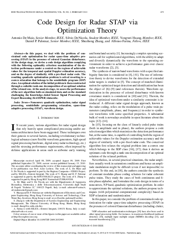 (PDF) Code Design for Radar STAP via Optimization Theory